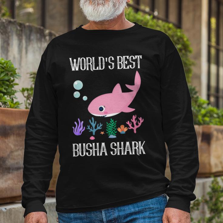 Busha Grandma Worlds Best Busha Shark Long Sleeve T-Shirt - Seseable
