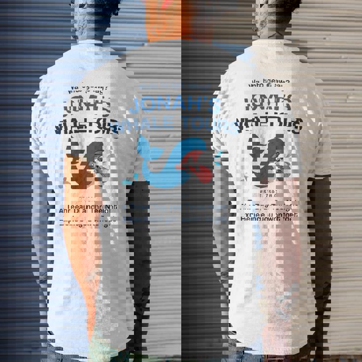 Christian Religious Bible Verse Jonahs Whale Men's Back Print T-shirt | Mazezy