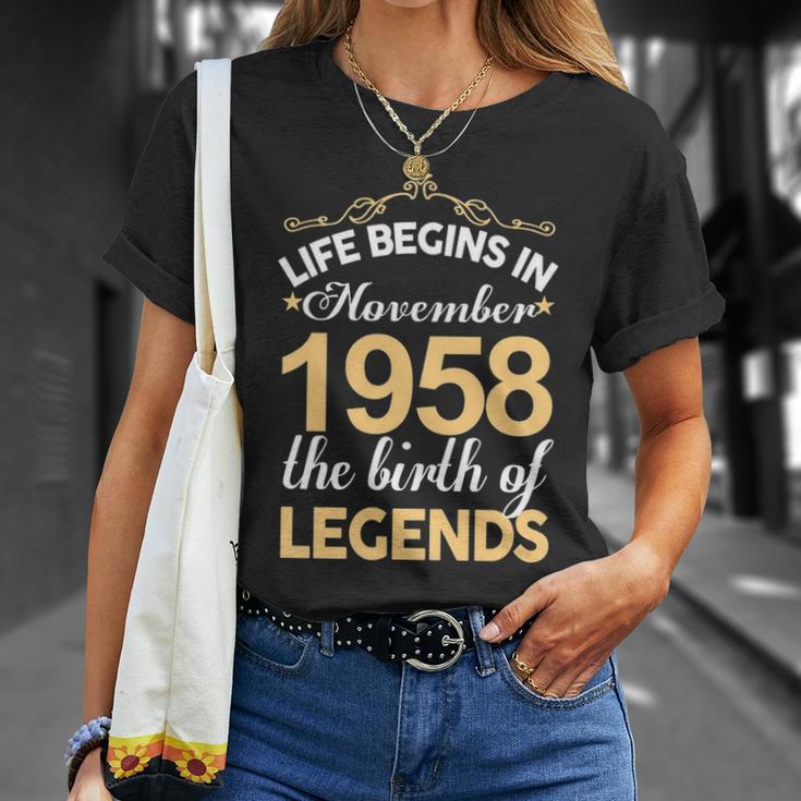 November 1958 Birthday Life Begins In November 1958 V2 T-Shirt - Seseable